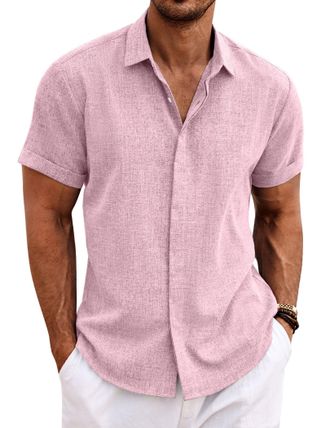 Coofandy Herren Hemd Kurzarm Freizeithemd Leinen Sommer Einfarbig Hemden Button down Casual Shirt Rosa XXXL