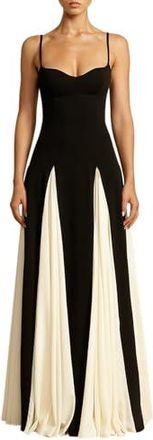 Generic Robe longue plissée élégante sans manches avec bretelles spaghetti dos nu patchwork fluide robe de soirée, Noir, M