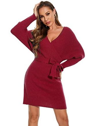 Ever-pretty Robe Pull dhiver Femme Col V Ceinture Midi Robe Tricot&eacute;e Casual Bordeaux XL