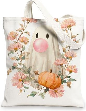 Generic Sac fourre-tout en toile motif fantôme mignon, adorable motif citrouille floral, sacs de courses réutilisables, fantaisie, léger, lavable à lépaule, b