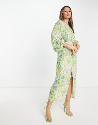 Asos Mit Pailletten besetztes Midi-Wickelkleid mit Blumenmuster-Bunt