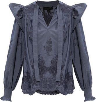 AllSaints Femme, Blouses et Chemises, Bleu, Taille: 34 FR Nisa Embroidered Cotton Top