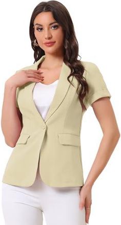 Allegra K Blazer à manches courtes pour femme 1 bouton Veste de costume de bureau Kaki Clair M