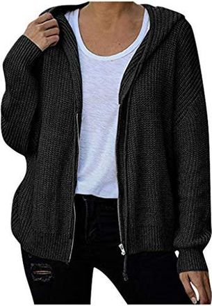 Generic 2026 Vestes en tricot pour femme avec fermeture &eacute;clair, grand cardigan &eacute;pais &agrave; capuche, Noir, XL