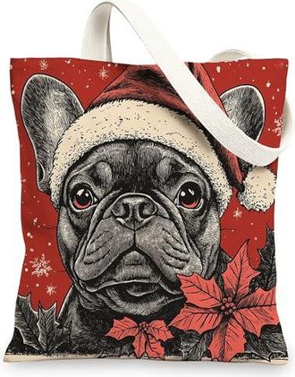 Generic Sac fourre-tout r&eacute;utilisable en toile pour le shopping - Motif bouledogue fran&ccedil;ais - 33 x 38 cm - Poinsettia de No&euml;l - Pour femme - D&eacute;coration de cade