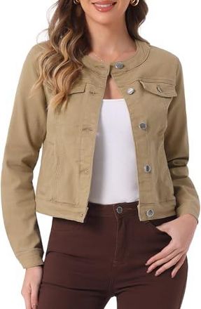 Allegra K Veste en jean pour femme boutonn&eacute;e sans col &agrave; manches longues vestes en jean Kaki L