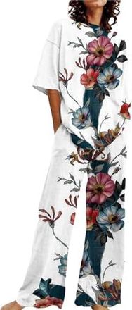 Generic Tenues dété pour Femmes, Ensemble 2 Coton et Lin, t-Shirt surdimensionné, Pantalon à Jambe Droite, survêtement Grande Taille Robe Longue Satin Femme N