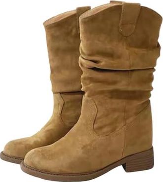 Minetom Bottes De Cow-Boy Mi-Mollet Pour Femmes Avec Talon Large Bas Style Moto Bout Rond Classique Bottines Western A Kaki 38 EU