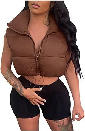 Generic Vestes pour femmes 2026 pour femmes, gilets europ&eacute;ens et automne-hiver, veste souple Jaceket veste chaude &agrave; fermeture &eacute;clair courte, marron, M