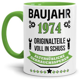 Tassendruck Geburtstags-Tasse Baujahr 1974 Innen & Henkel Hellgr&uuml;n/Kaffee-Tasse/Mug/Cup/Becher/Lustig/Witzig/Fun/Geschenk-Idee/Geburts-Jahr/Scherz-Artikel/Geburts
