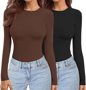Ekouaer Hauts Thermiques Femme &agrave; Manches Longues Chemises Basiques Col Rond 2 Pi&egrave;ces Maillot de Corps T-Shirt Chaud, Noir + Marron XS