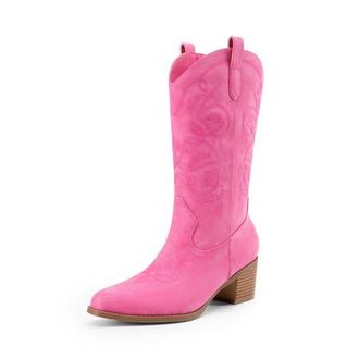 Dream Pairs Bottes de cowboy pour femme, bout carr&eacute;, broderie, bottes de cowgirl cousues, bottes western &agrave; talon &eacute;pais pour femme, Nubuck rose, 40 EU
