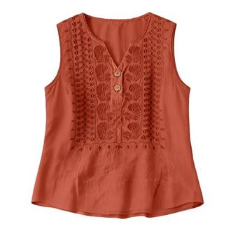 Generic D&eacute;bardeur &agrave; col en V pour femme avec boutons brod&eacute;s floraux, sans manches, en coton et lin, l&eacute;ger et confortable, couleur unie, coupe ample, &eacute;l&eacute;gant, 