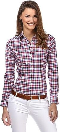 Vincenzo Boretti Chemisier Femme, légèrement cintré, Facile à Repasser, agréable à Porter, 100% Coton, Manche-Longue, col Kent, Motif à Carreaux Bordeaux 44