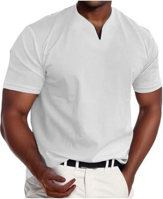 Generic T-shirt pour homme avec col en V, coupe ajust&eacute;e, manches courtes, t-shirt d&eacute;contract&eacute; avec poche, Blanc., 3XL