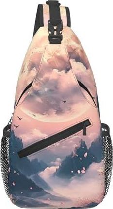 Generic Sac &agrave; dos &agrave; bandouli&egrave;re pour homme Motif fleurs de cerisier avec paysage de lune