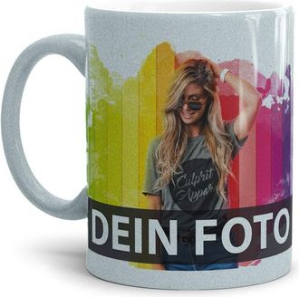 Tassendruck Tasse selbst individuell gestalten/Personalisierbar mit eigenem Foto Bedrucken/Fototasse/Motivtasse/Werbetasse/Firmentasse mit Logo/Metallic - Silber 