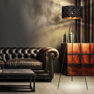 Globo Lighting Stehlampe Stehleuchte Beistelllampe Wohnzimmerlampe Schlafzimmerleuchte Stativleuchte, 3 Beine textilschirm schwarz gold, 1x E27 Fassung, DxH 69x149cm