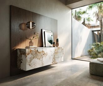 DELIFE Sideboard Cuor 180 cm Keramik Minas Melange Wei&szlig;-Beige 2 T&uuml;ren 3 Schubf&auml;cher Schwebend, Sideboards