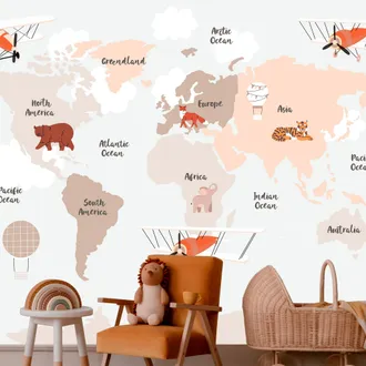 OEM Carta Da Parati Fotografica - Mappa Nei Toni Del Beige - Continenti Con Animali
