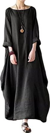 ORANDESIGNE Longue Caftan Femme Robe Lin Coton Boho Col Rond Ample Maxi Robe De Plage Casual Demi Manches Maxi Grande Taille Robe de Plage Bikini Cover Up Poncho 