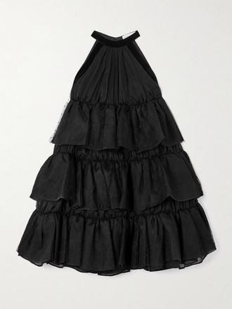 Nina Ricci Neckholder-minikleid Aus Seidenchiffon In Knitteroptik Und Mesh Mit Punkten Und Volants - Schwarz