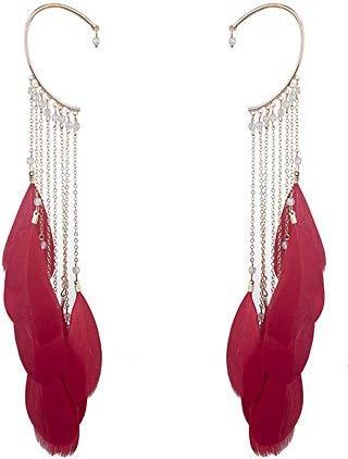 Generic Tendance Plume Longue Glands Manchette Clip Boucles doreilles Crochet doreille Femmes Oreille Manchette Bijoux De Mode,Rouge Handy and Professional