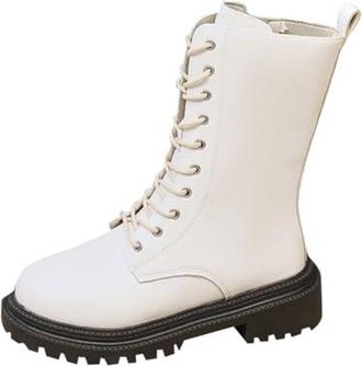 Generic Bottes blanches à talon bas pour femme - Style décontracté - Bout rond - Antidérapantes - Lacets classiques et confortables - Coupe large - Pour la ma