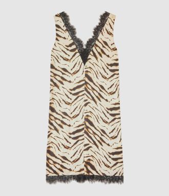 Ganni Robe Printed Stretch Satin V-Neck Egret