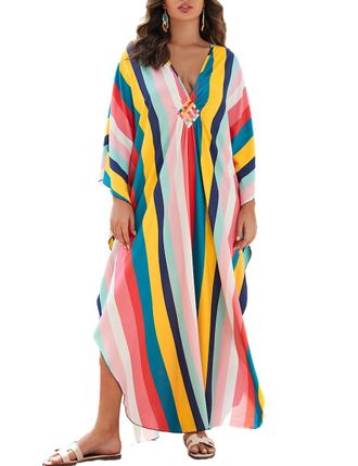 Bsubseach Kaftan Kleider f&uuml;r Frauen Plus Gr&ouml;&szlig;e Kaftane Lange Strand Badeanzug Cover Up Sommer Loungewear Bunte Streifen