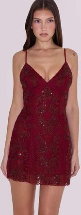 House of CB Catarina - Robe courte avec perles ornement&eacute;es &agrave; la main - Lie-de-vin-Rouge