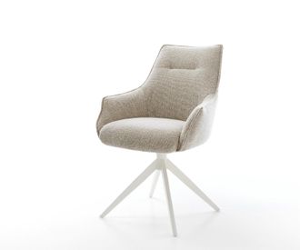 DELIFE Drehstuhl Alja-Flex mit Armlehnen Webstoff Soft Beige Kreuzgestell breit Wei&szlig; 360&deg; drehbar Wippfunktion Taschenfederkern, Esszimmerst&uuml;hle