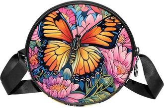 Generic Sac &agrave; bandouli&egrave;re rond pour femme, petit sac &agrave; bandouli&egrave;re avec fermeture &eacute;clair, bretelles r&eacute;glables, style d&eacute;contract&eacute;, motif papillon