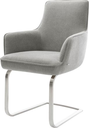 DELIFE Schwingstuhl Heira-Flex mit Armlehnen Freischwinger flach Edelstahl Strukturstoff Soft Grau Taschenfederkern