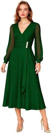 Generic Robe de mère de la mariée à manches longues en mousseline de soie plissée avec col en V pour invitée de mariage, vert émeraude, 48 Grande taille