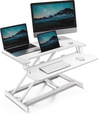 VonHaus Steh Schreibtischaufsatz, Höhenverstellbar Sitz-/Ständer, Schreibtisch Aufsatz Erhöhung mit Tastaturablage, Dual-Monitor-Halter & Tabletfach (Weiße)