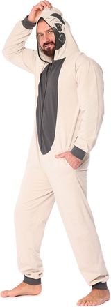 Ladeheid Herren Schlafoverall Tierkostüm aus Baumwolle Jumpsuit bunt Tiermotiv Verkleidung Schlafanzug Einteiler mit Kapuze LA40-235 (Beige Mops, 3XL)