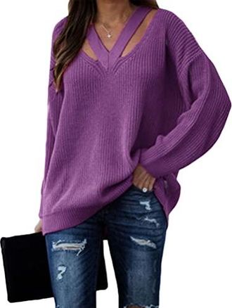 ORANDESIGNE Pull Femme &agrave; Col en V Couleur Unie Sexy Creux en Maille Haut Tricot &agrave; Manches Longues Chaud L&acirc;che Grande Taille Automne Hiver A Violet 3XL
