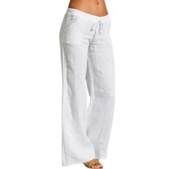Generic Pantalon palazzo fluide en coton et lin pour femme avec cordon de serrage et taille &eacute;lastique avec poches, blanc, 3XL