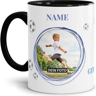 Tassendruck Kinder-Tasse mit Fußball-Motiv - mit Foto, Name & Zahl selbst gestalten - Für Mädchen & Jungen, Fußballtasse - Keramik Innen & Henkel Schwarz, 300 ml 