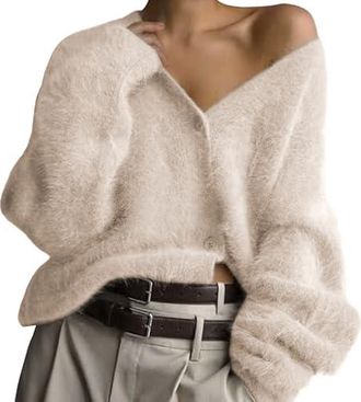 Generic Cardigan en Fourrure pour Femme, Pull Ample et Moelleux, avec Boutons, col en V, pour Le Printemps