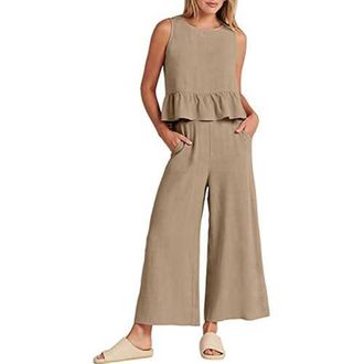 Generic V&ecirc;tements de sport 2 pi&egrave;ces pour femme - Ensemble d&eacute;contract&eacute; &agrave; manches courtes - Haut assorti - Pantalon large - Tenue de d&eacute;tente pour femme - Ensemb