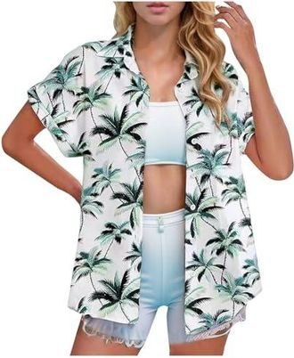 Generic Chemise d&eacute;contract&eacute;e des Cara&iuml;bes &agrave; manches courtes pour femme - Chemise hawa&iuml;enne boutonn&eacute;e &agrave; manches courtes - Motif palmier hawa&iuml;en - Chemise tropi
