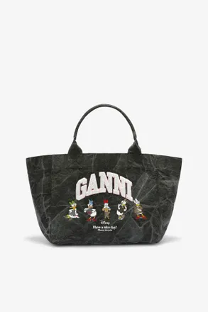 Ganni Gewaschene mittelgro&szlig;e Tragetasche mit Daisy-Duck-Motiv schwarz