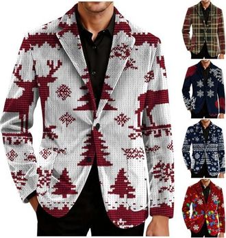 Generic Vestes de costume de Noël en velours côtelé pour homme - Motif sapin de Noël amusant - Blazer à carreaux - Manches longues - Revers boutonné - Tenue d
