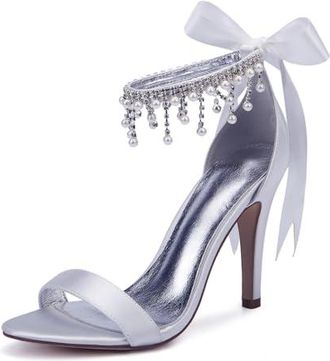 Generic Escarpins Femme Bout Ouvert Mariée Stylet Talons Btide Cheville Boucle Sandales Chaussures De Mariee Bal 10.5Cm,Blanc,36 EU