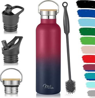 Milu Bouteille en acier inoxydable 350ml, 500ml, 750ml, 1l (+3 couvercles) - Bouteille thermo avec paille, bouteille deau, pour boissons chaudes, froides e