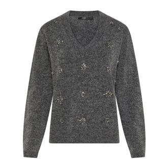 Seventy Femme, Pulls, Gris, Taille: 36 FR Pull en laine m&eacute;lang&eacute;e &agrave; col en V avec appliqu&eacute;s