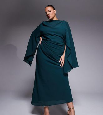 Asos Curve ASOS DESIGN Curve - Robe drap&eacute;e longueur mollet &agrave; manches kimono et dos ouvert - Kaki