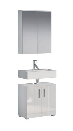 Trendteam Wons - Badm&ouml;bel-Set (Waschbeckenunterschrank + Spiegelschrank) - Wei&szlig;/Wei&szlig; Hochglanz - (BxHxT) 60 x 192 x 32 cm - silberfarbene Griffe - kratzfest